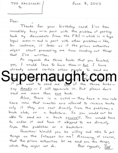 Theodore Kaczynski Letter and Envelope Set Both Signed | Supernaught