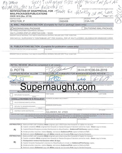 Phillip Spector Signed Prison Notification of Disapproval | Supernaught