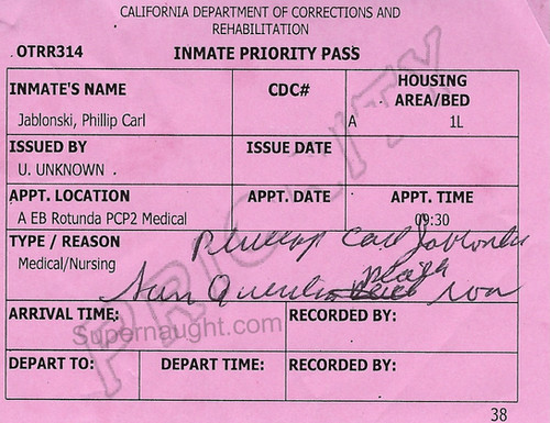 Phillip Jablonski Signed Medical Inmate Pass | Supernaught
