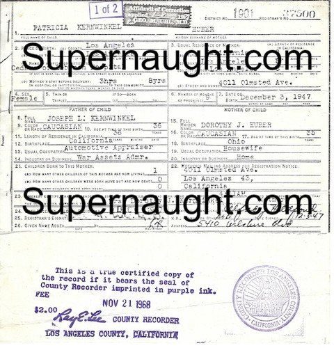 Patricia Krenwinkel Certified Birth Certificate 1968 | Supernaught