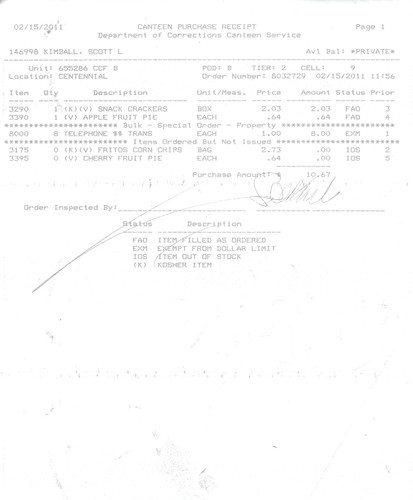 Scott Kimball Canteen Receipt Inmate Copy | Supernaught