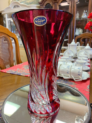 Large ruby red hand cut crystal vase with label | Kapok Furniture