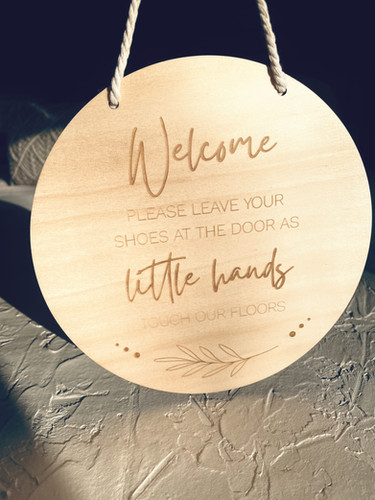 Welcome "Shoes Off" Hanging Sign | Gold Craft Designs 1
