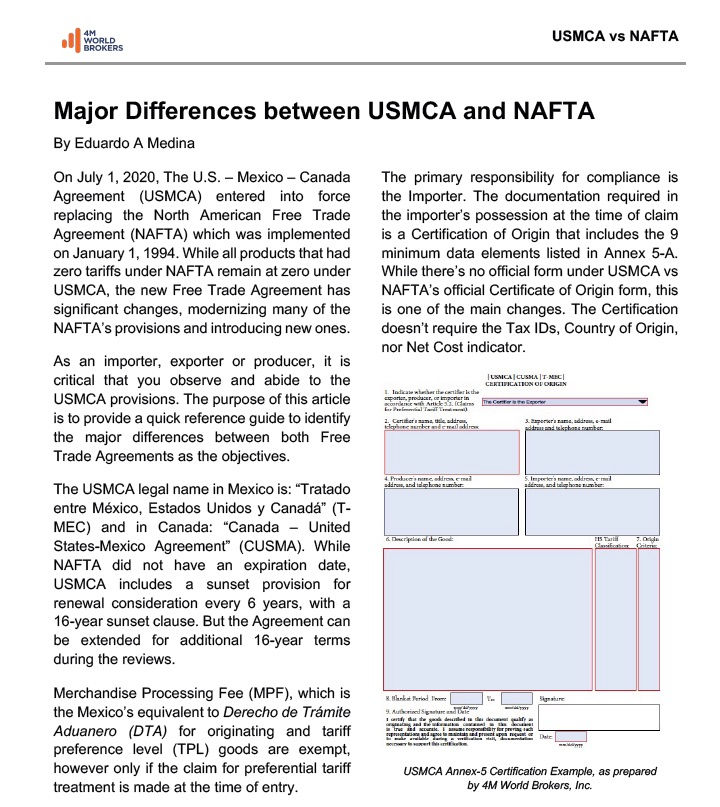 4M World Brokers Article: Major Differences Between USMCA and NAFTA