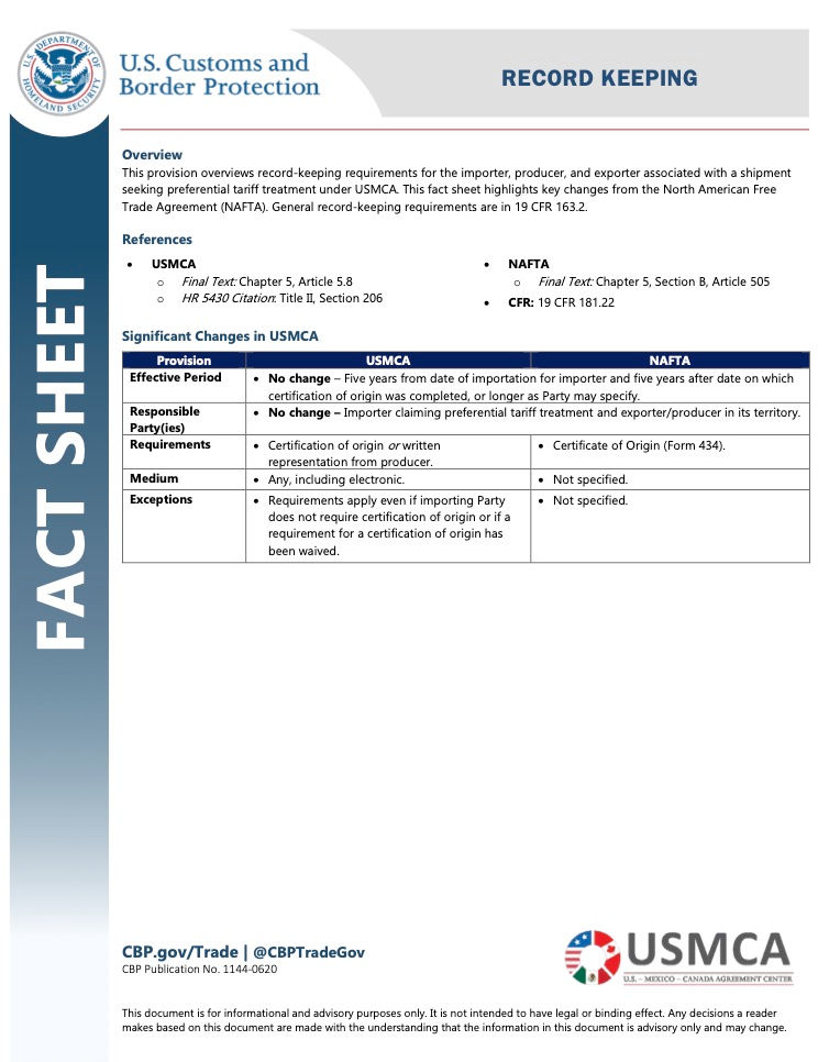 USMCA Fact Sheet: Record Keeping