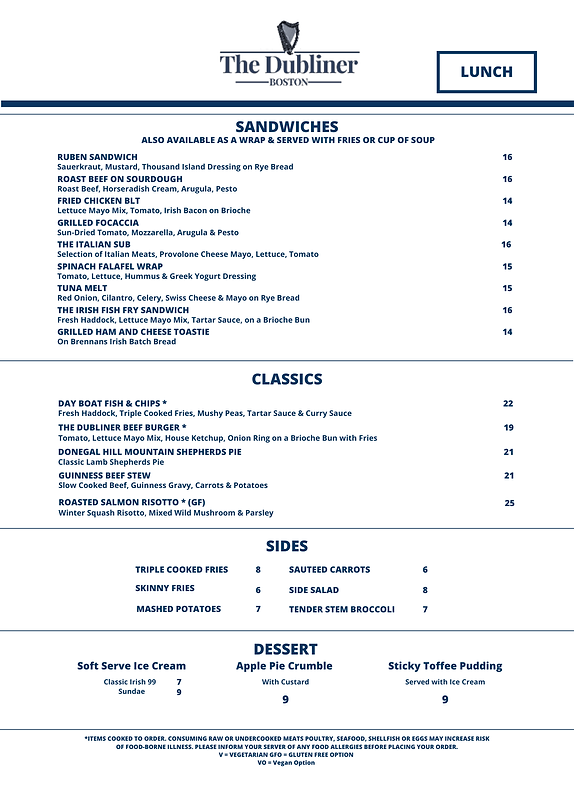 Lunch Menu | The Dubliner Irish Pub| Downtown Boston