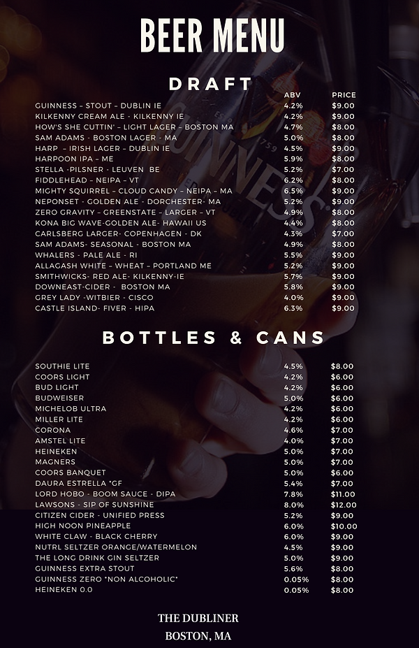 DRINK MENU | The Dubliner Boston