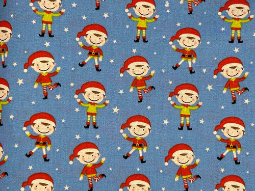 Elves Blue Background Christmas Cotton Fabric | Stitching Grannies