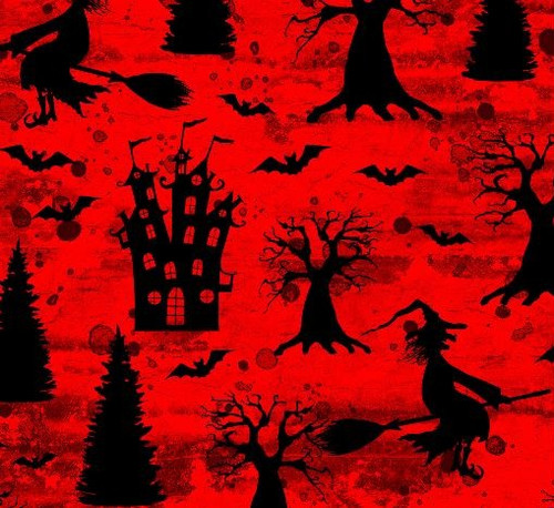 Witch and Haunted House Red Background Halloween Cotton Fabric ...