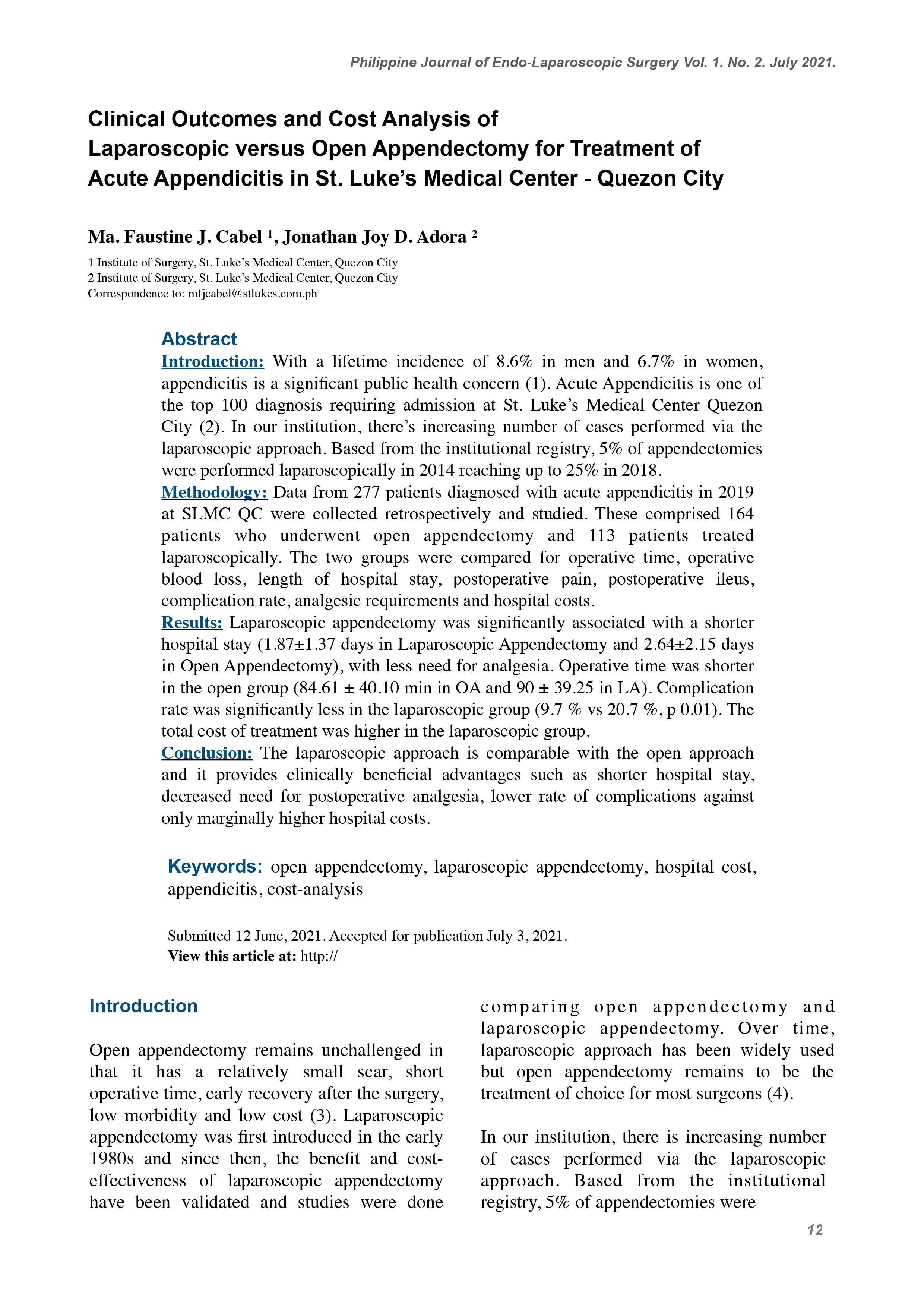 Clinical Outcomes and Cost Analysis of Laparoscopic Versus Open ...