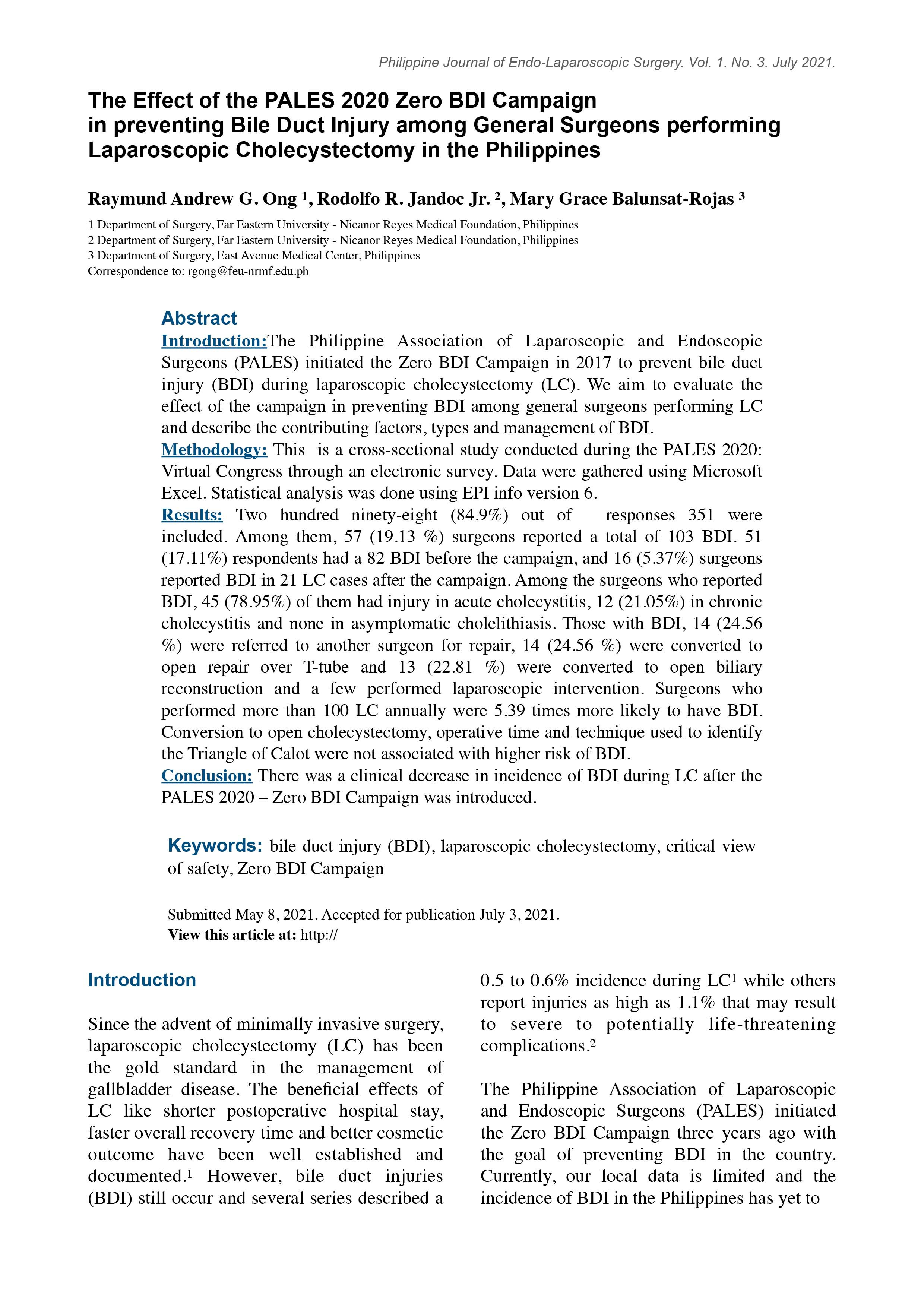 The Effect of PALES 2020 Zero BDI Campaign in Preventing Bile Duct ...