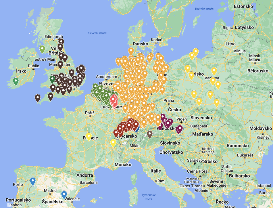 Mapa obcí evropských zemí, které na noc zhasínají VO