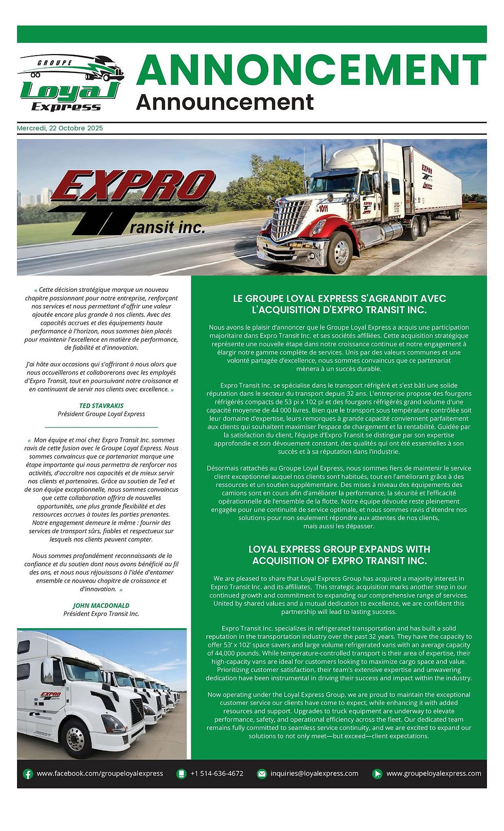 Le Groupe Loyal Express s’agrandit avec l’acquisition d’Expro Transit Inc.
