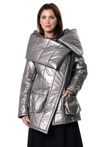 Metamorphoza Large Collar Puffer Jacket in Silver | Indie Identity