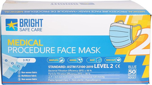 MEDICAL PROCEDURE FACE MASK- LEVEL 2 - BOX OF 50 | Bright Safe Care