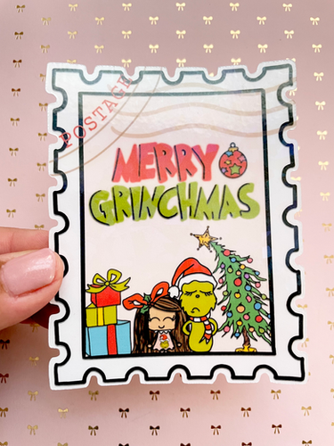 Grinch Christmas stamp holographic die cut | oky plans