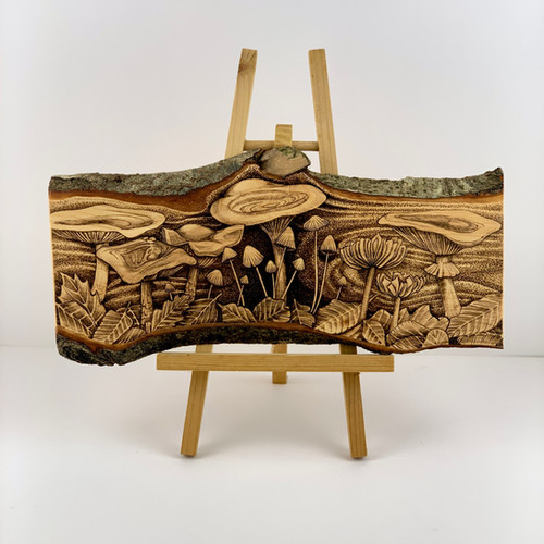 Fungi Forest Pyrography on Alder | Sanctuary Studio Art