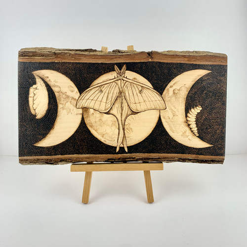 Luna Moth Triple Goddess Moon Pyrography art | Sanctuary Studio Art