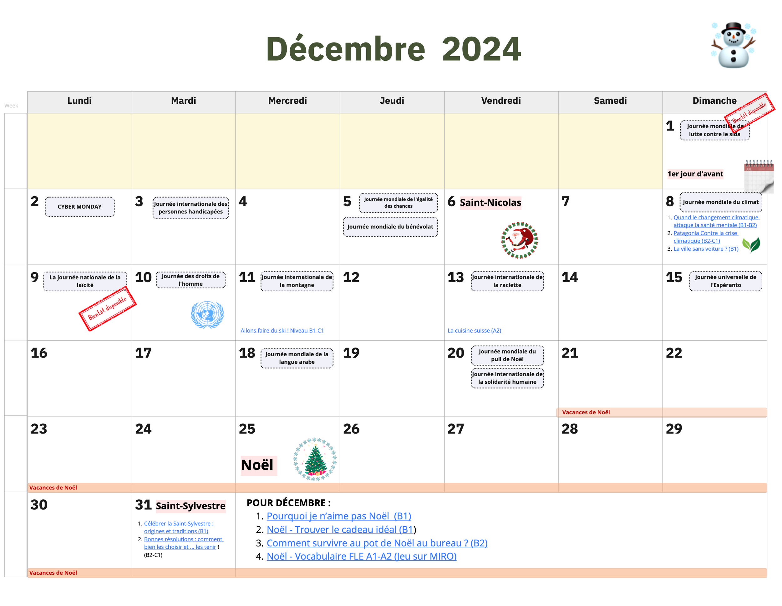 Un calendrier pour dynamiser vos cours de français