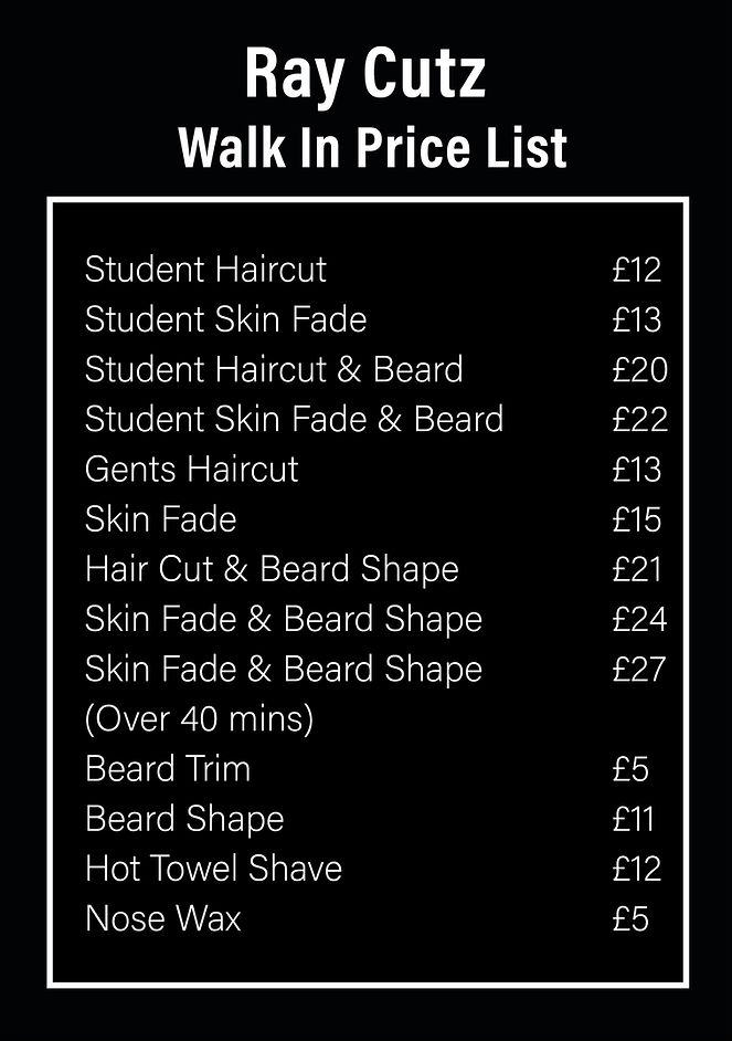 Walk In Price List | RayCutz Nottingham
