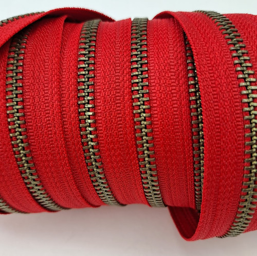 YKK #5 Metal Zipper Hot Red 519 Antique Gold | Zippers On The Roll