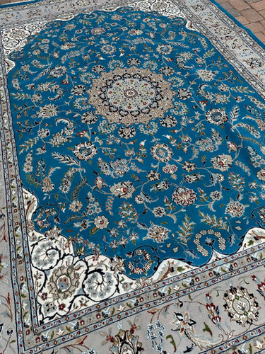 New Handmade Floral Blue Indian Rug, Persian Nain Design | hafezruggallery