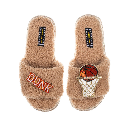 Teddy Towelling Slipper Sliders With Slam Dunk Basketball Brooches | Laines London