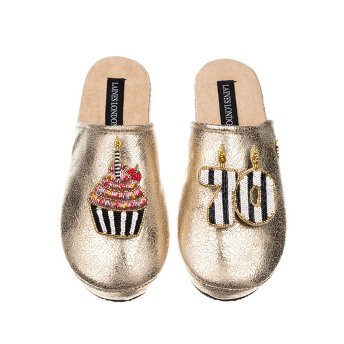 Laines Gold Softie Slippers With Stripe 70TH Birthday & Cake Brooches ...