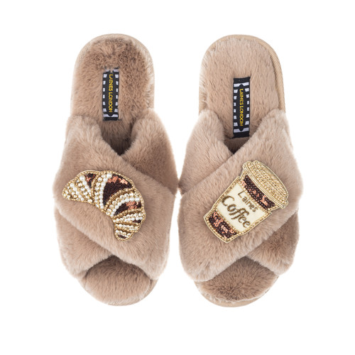 Classic Laines Slippers with Coffee & Croissant Brooches | Laines London