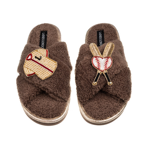 Laines Neutral Boucle Slippers With Baseball Lover Brooches | Laines London
