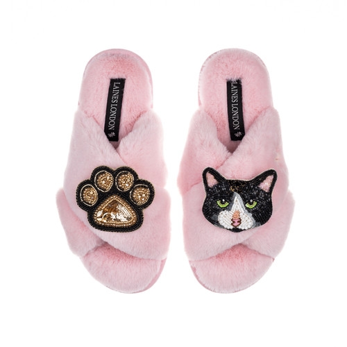 Classic Laines Slippers With Oreo Cat & Paw Brooches | Laines London