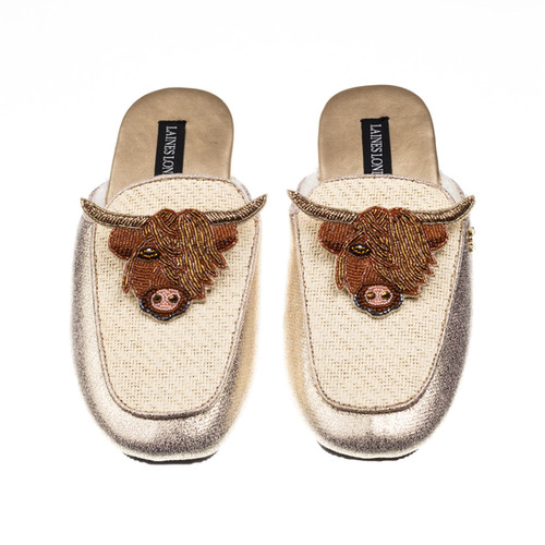 Classic Mules With Double Highland Cow Brooches | Laines London