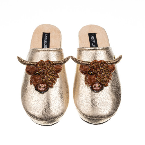 Laines London Gold Softie Slippers With Double Highland Cow Brooches ...