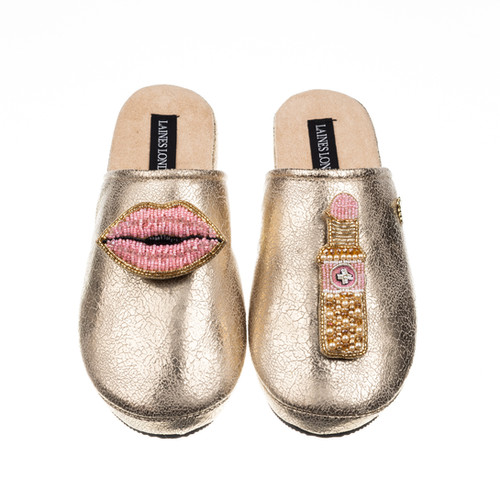 Laines London Gold Softie Slippers With Pink Lipstick & Lips Brooches ...