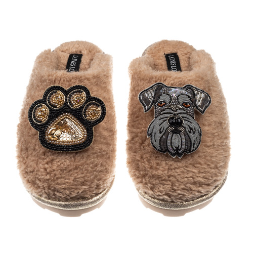 Teddy Closed Toe Slippers With Ernie The Schnauzer & Paw Brooches ...