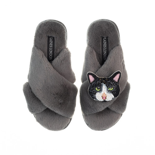 Classic Laines Slippers With Oreo Cat Brooch | Laines London