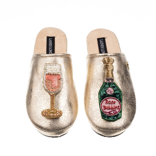Laines London Gold Softie Slippers With Pink Champagne Brooches ...