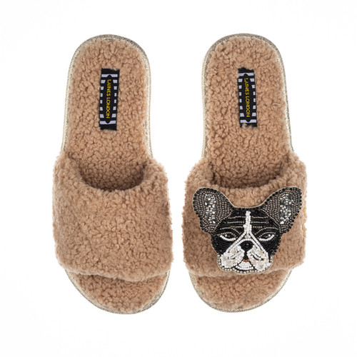 Teddy Towelling Slipper Sliders With Coco The Frenchie Brooch | Laines ...