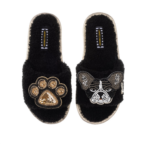 Teddy Towelling Slipper Sliders With Coco & Paw Brooches | Laines London