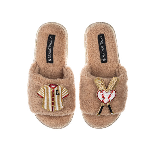 Teddy Towelling Slipper Sliders With Baseball Lover Brooches | Laines ...