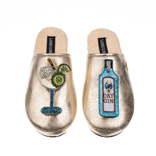Laines London Gold Softie Slippers With Sapphire Gin Brooches | Laines ...