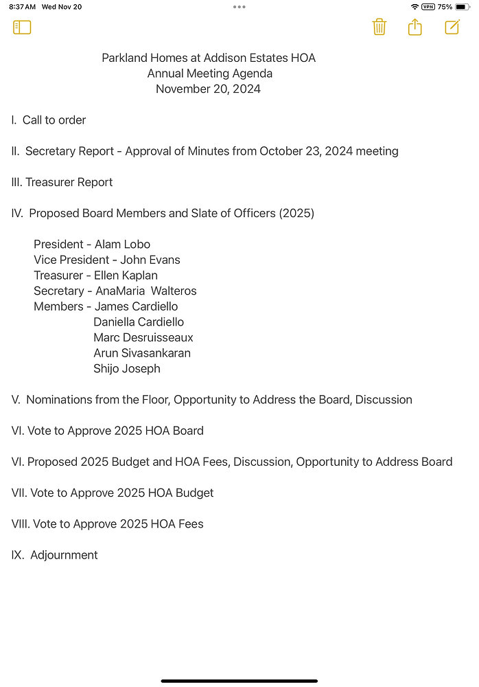 IMPORTANT MEETING TO APPROVE BUDGET AND HOA FEES FOR 2025