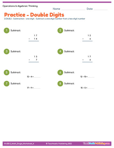 Practice - Double Digits Subtraction: Subtract 1 digit from a 2 digit ...