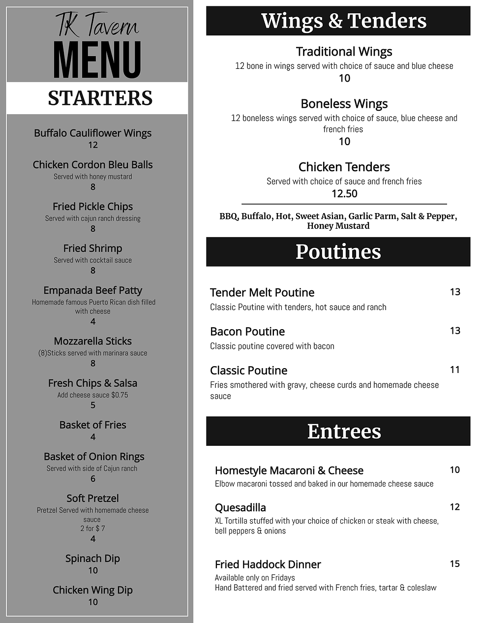 Menu | TK Tavern