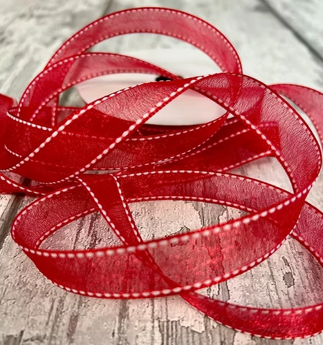 Red Sheer With White Stitch Ribbon (per meter) | Cheshire Crafts