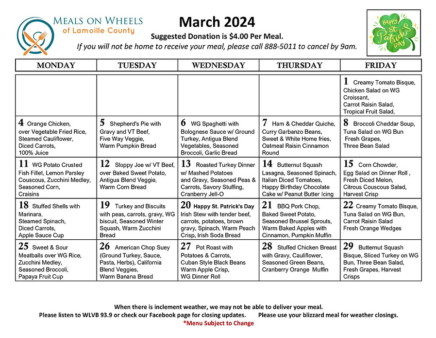 HOME DELIVERED MENU | Meals on Wheels LC