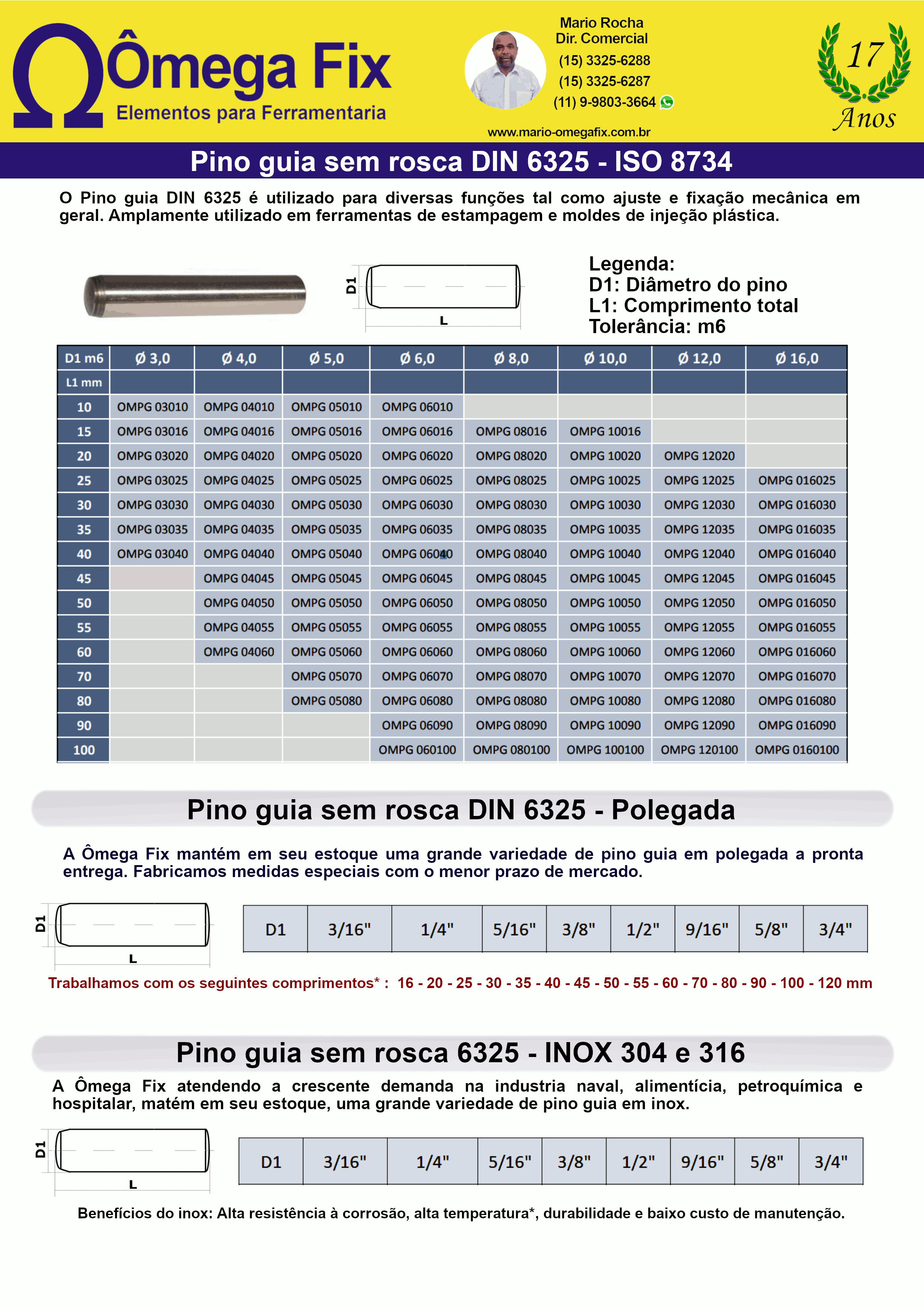Pino guia sem rosca - DIN 6325 | Ômega Fix -Joinville