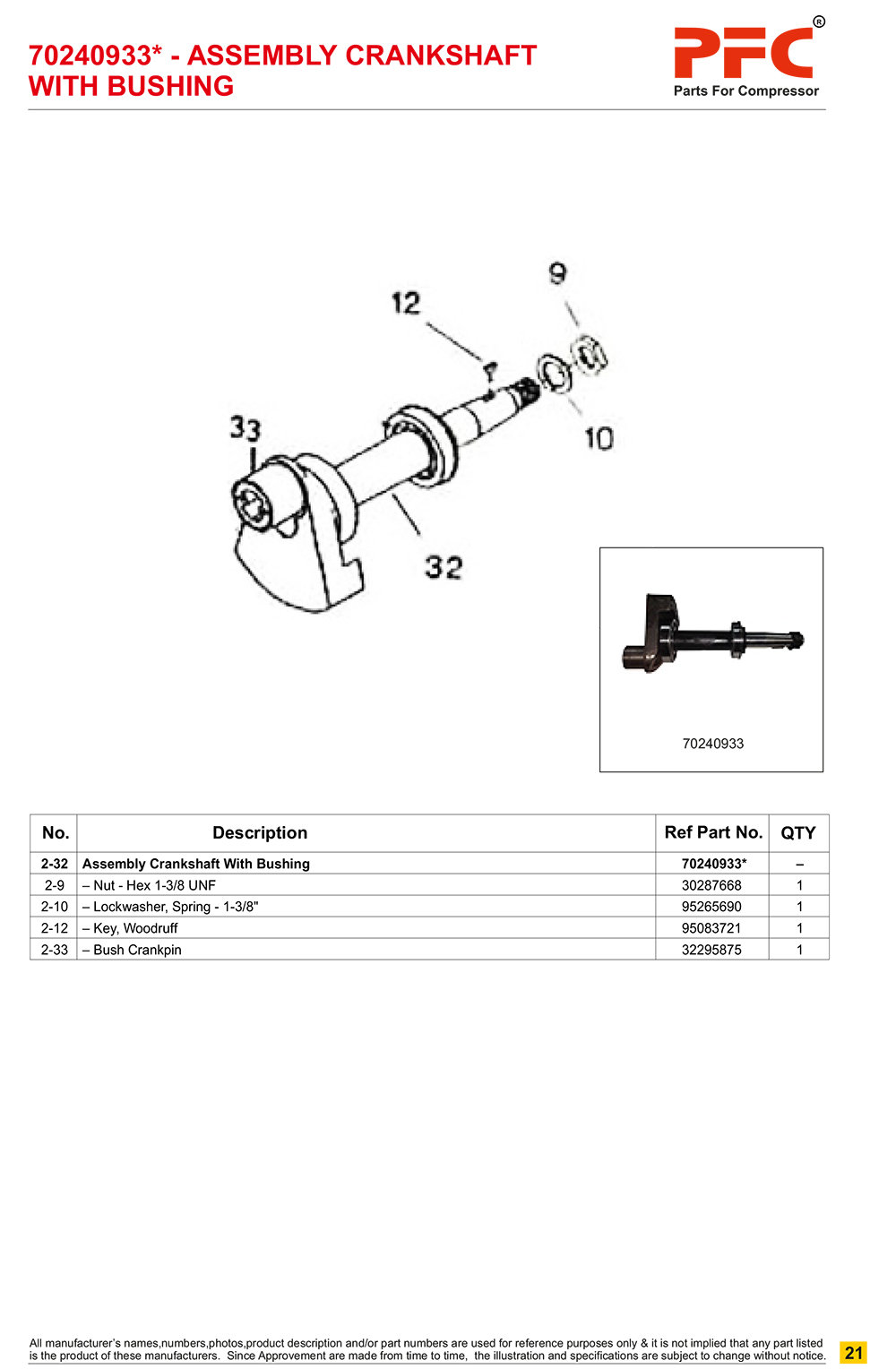 Crankshaft Complete with Bushing 70240933* Replacement | PFC - Parts ...