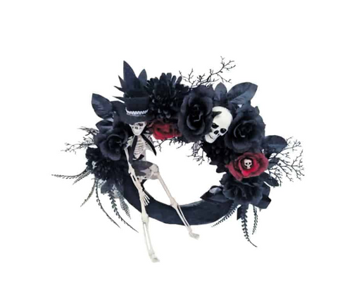 DOD Wreath Skulls & Red Roses 45cm Black | Decor Hire by BV
