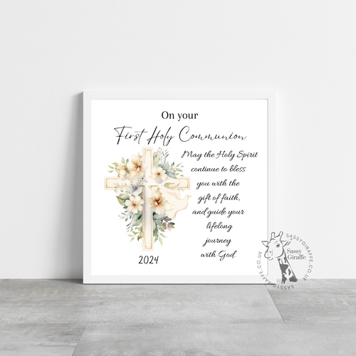 First Holy Communion Frame White Floral Cross Design Holy Spirit Verse ...